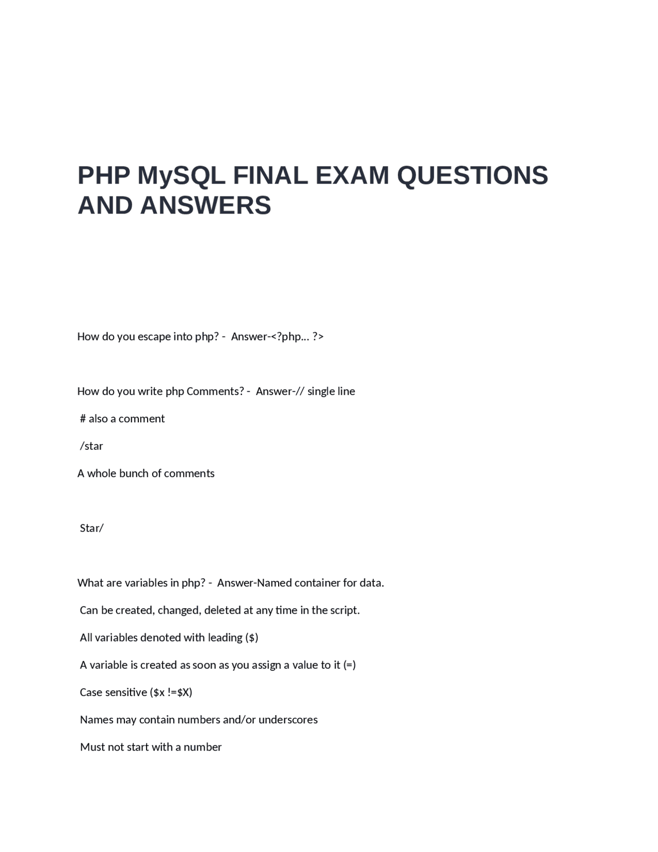 PHP MySQL FINAL EXAM QUESTIONS AND ANSWERS | Exams Nursing | Docsity