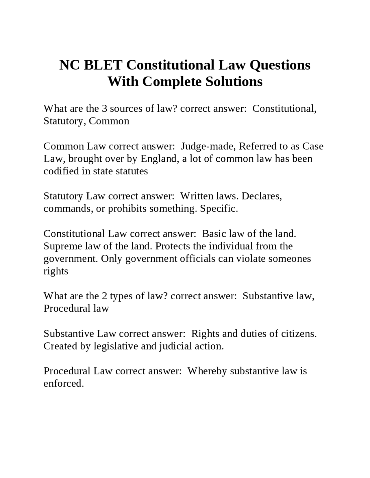 NC BLET Constitutional Law Questions and Answers | Exams Law | Docsity