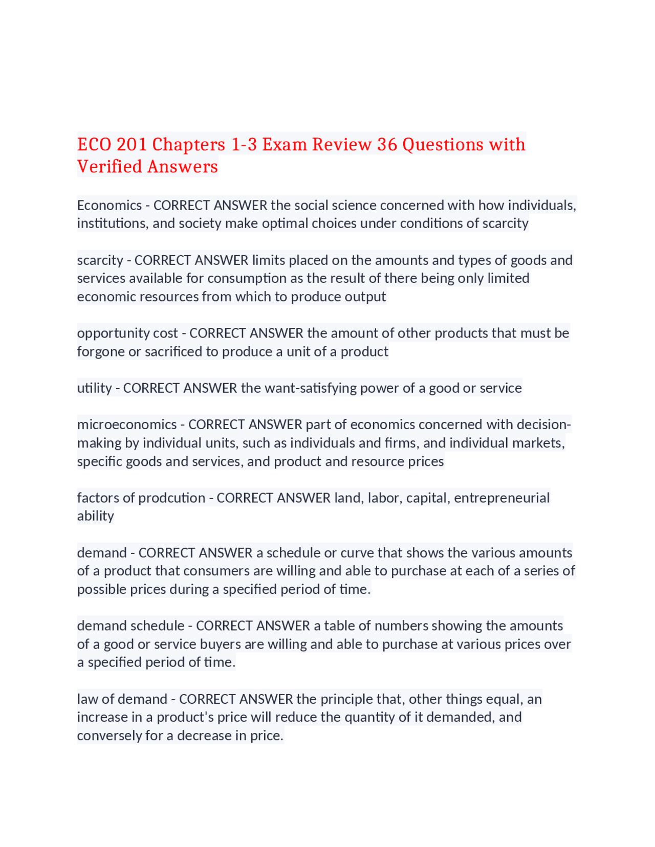 ECO 201 Chapters 1-3 Exam Review 36 Questions with Verified Answers,100 ...