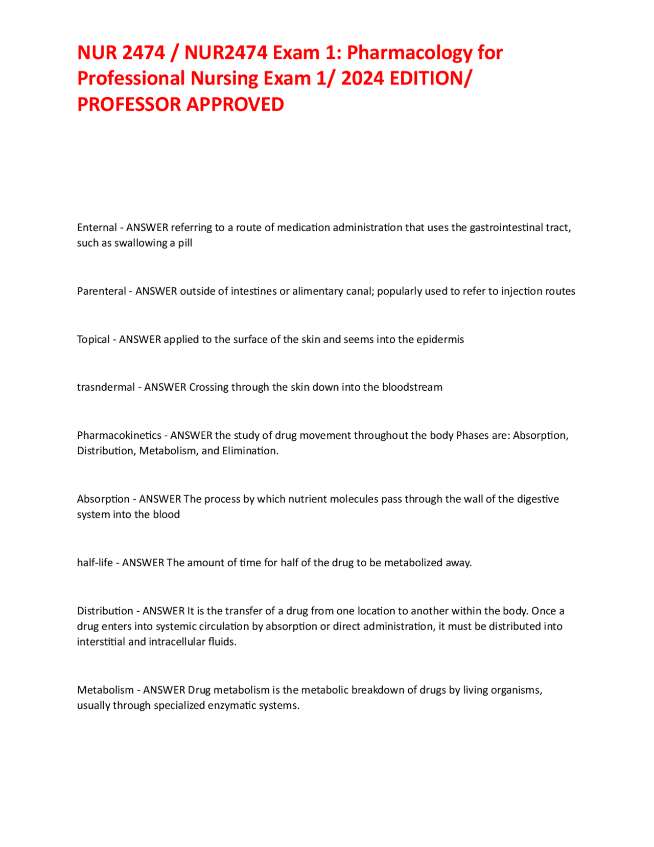 NUR 2474 / NUR2474 Exam 1: Pharmacology for Professional Nursing Exam 1/ 2024 EDITION/ P | Exams ...