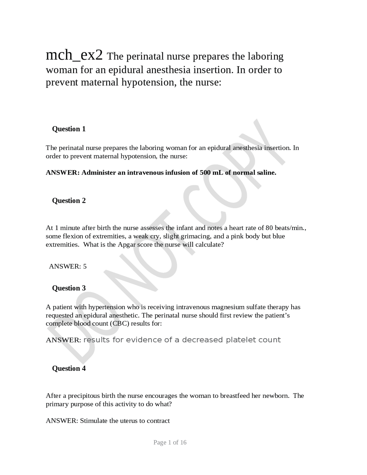 Perinatal Nursing Multiple Choice Questions and Answers | Exams Nursing ...