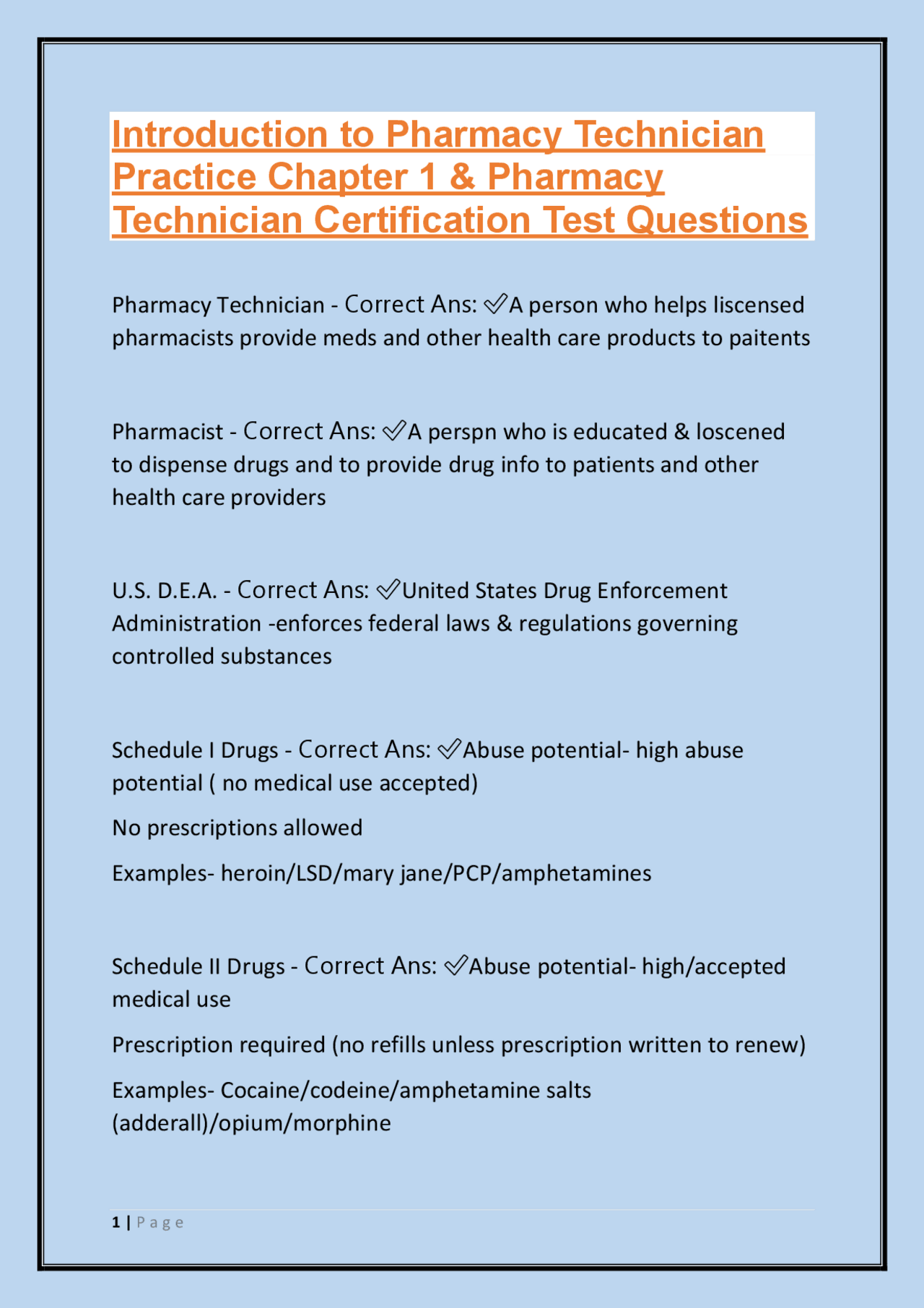 Pharmacy Technician: Practice Chapter 1 & Certification Test Questions ...