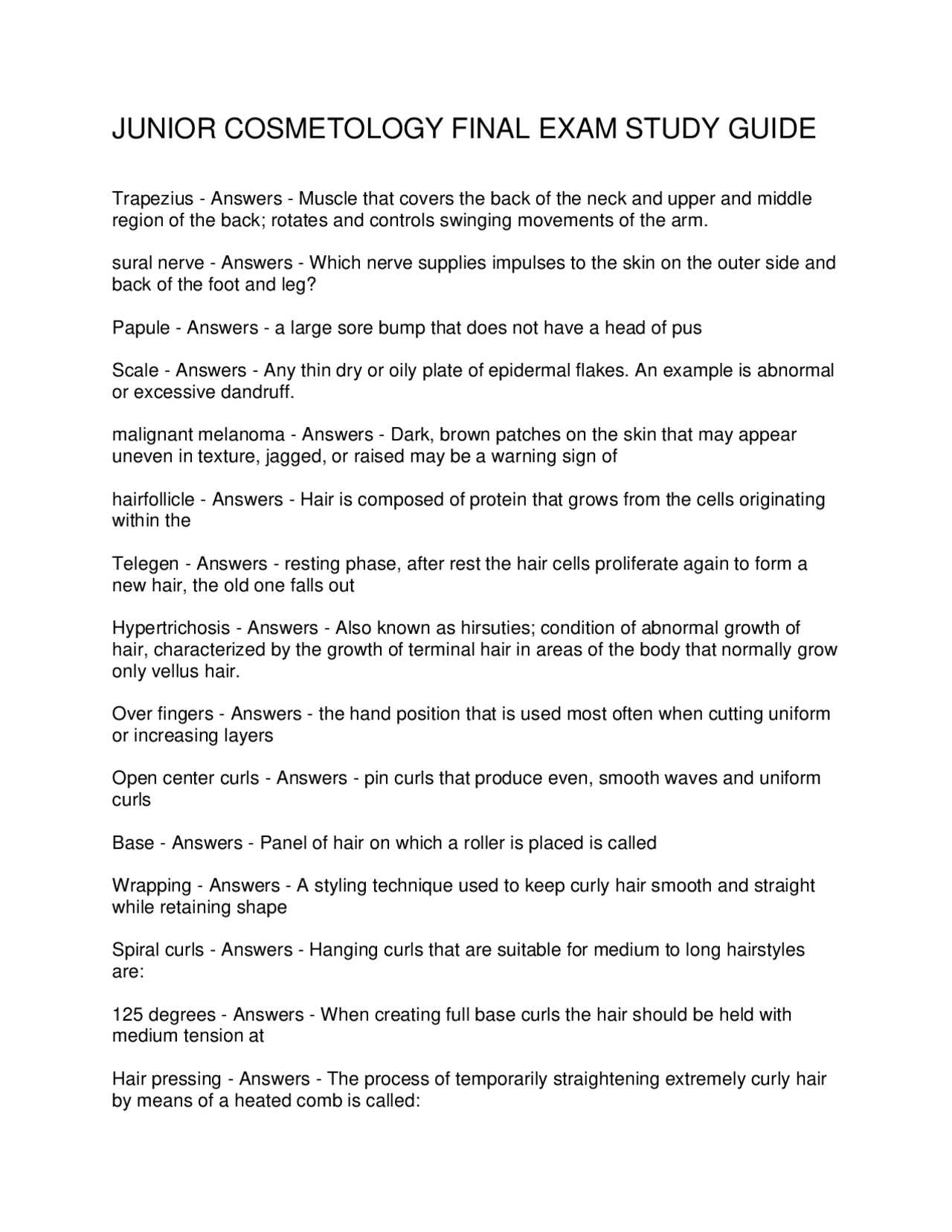 JUNIOR COSMETOLOGY FINAL EXAM STUDY GUIDE | Exams Social Sciences | Docsity