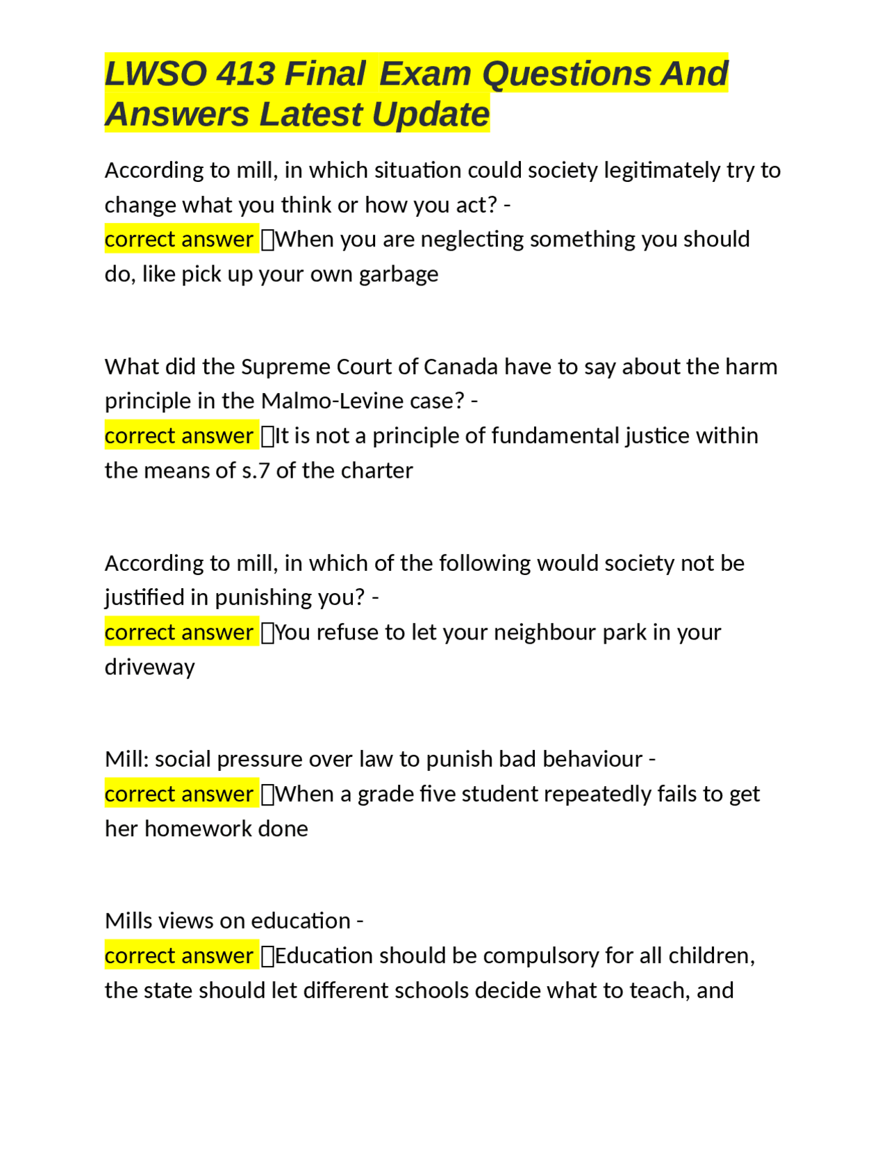LWSO 413 Final Exam Questions and Answers: Mill and Rawls on Justice ...