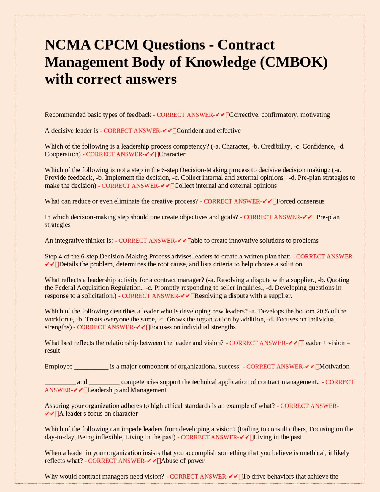 NCMA CPCM Questions - Contract Management Body of Knowledge (CMBOK ...