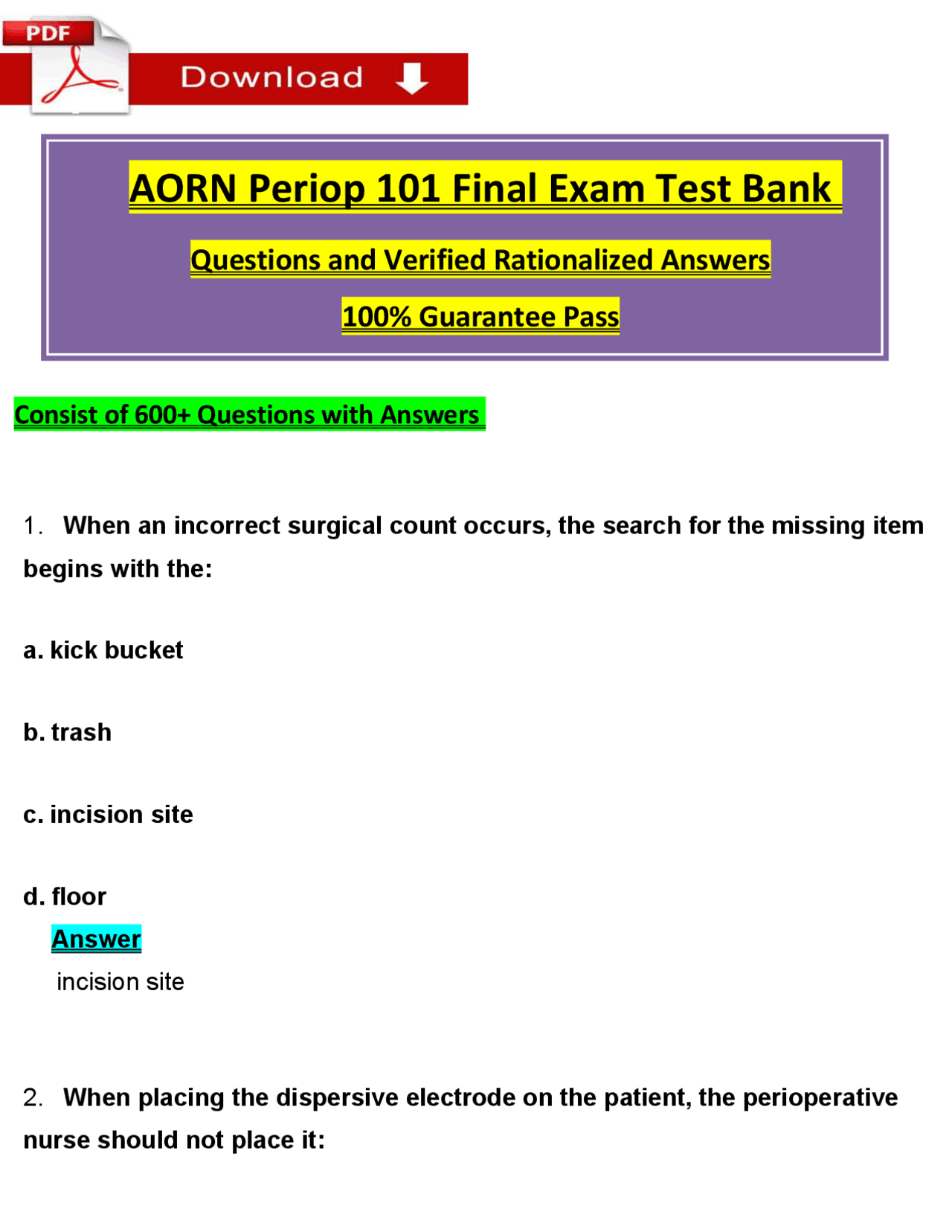 AORN Periop 101 Final Exam Test Bank: Questions and Answers | Exams ...