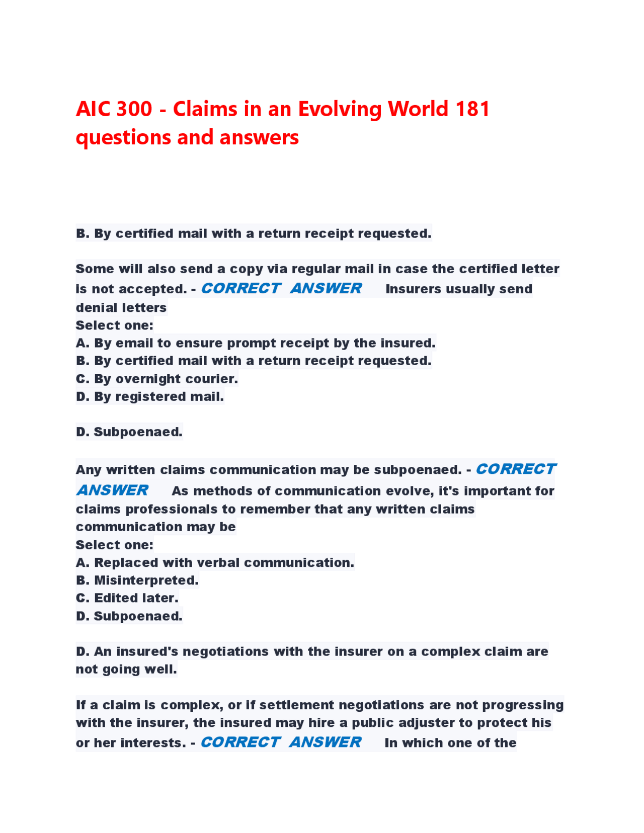 AIC 300 - Claims in an Evolving World 181 questions and answers | Exams ...