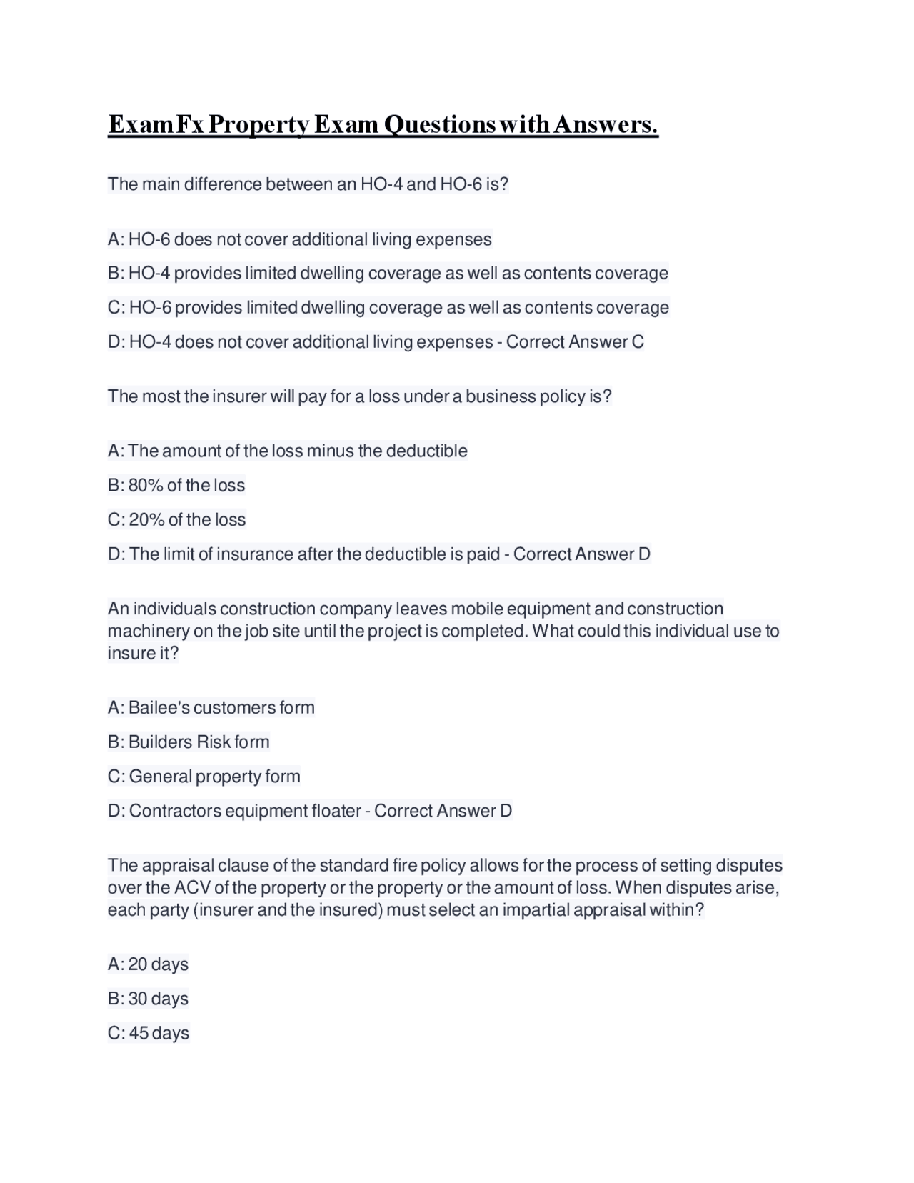 Property Insurance Exam Questions and Answers | Exams Property Law | Docsity