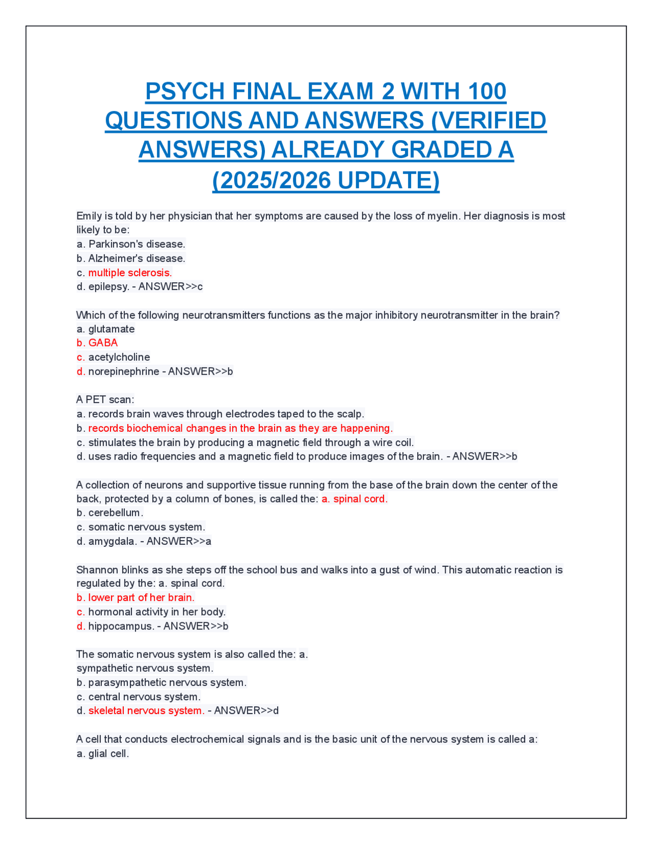 Psychology Final Exam 2: Multiple Choice Questions and Answers | Exams ...