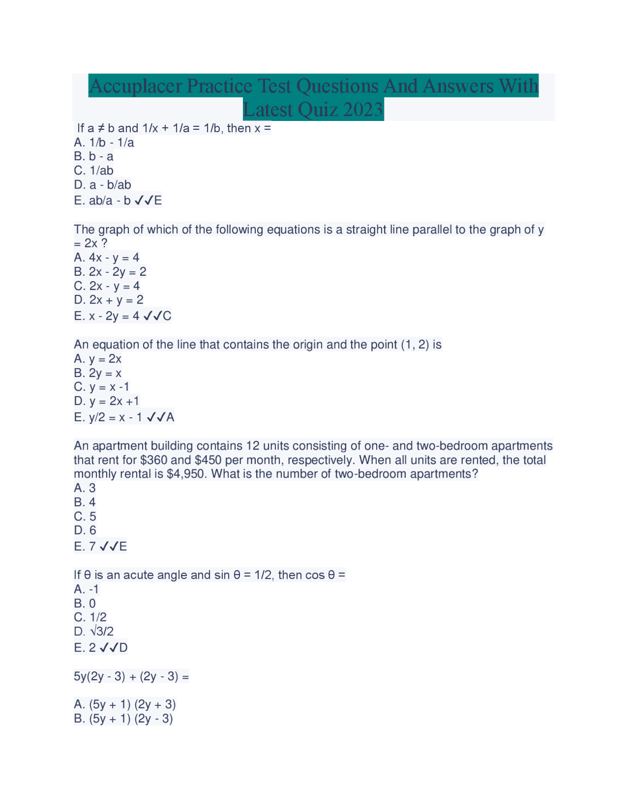 Accuplacer Practice Test Questions and Answers: Math and English ...