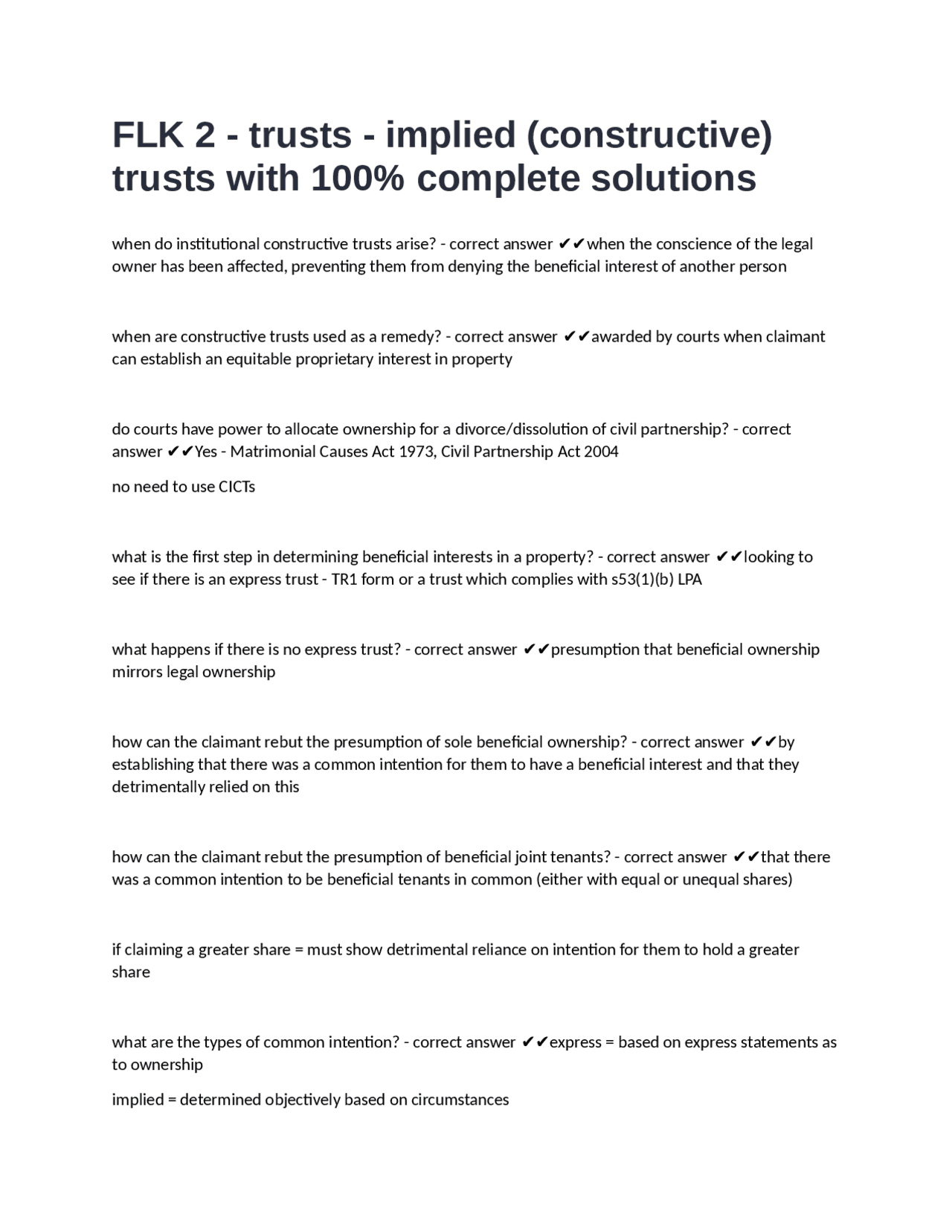 FLK 2 - trusts - implied (constructive) trusts with 100% complete solutions | Exams Nursing ...