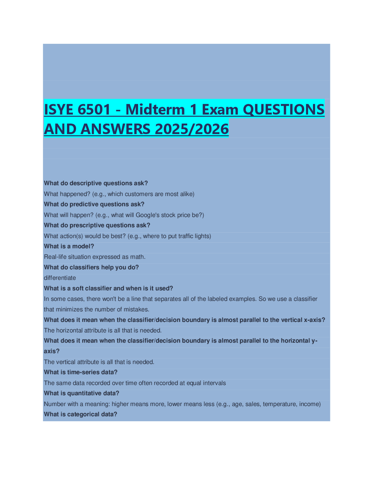 ISYE 6501 - Midterm 1 Exam QUESTIONS AND ANSWERS 2025/2026 | Exams Mathematics | Docsity