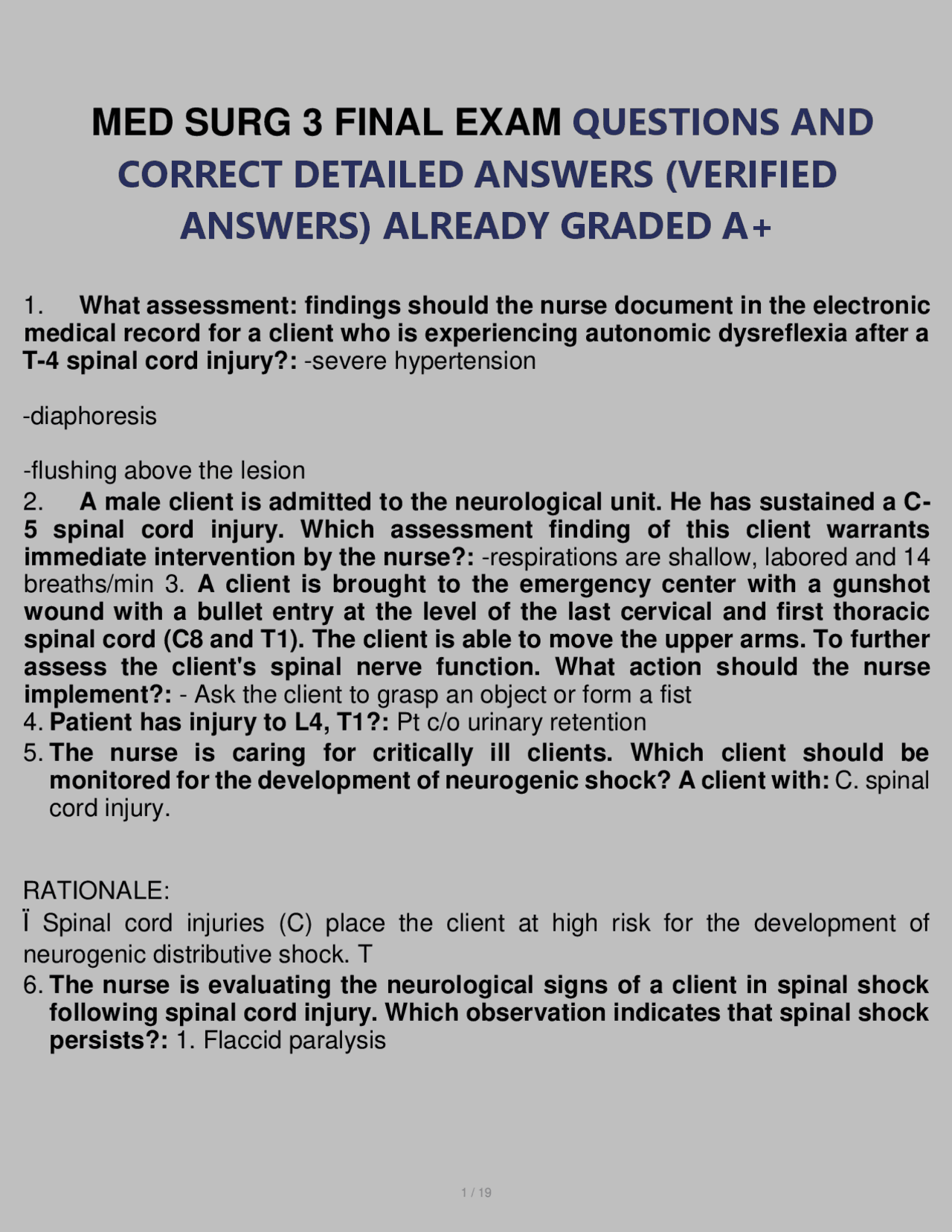 MED SURG 3 FINAL EXAM QUESTIONS AND CORRECT DETAILED ANSWERS (VERIFIED ...