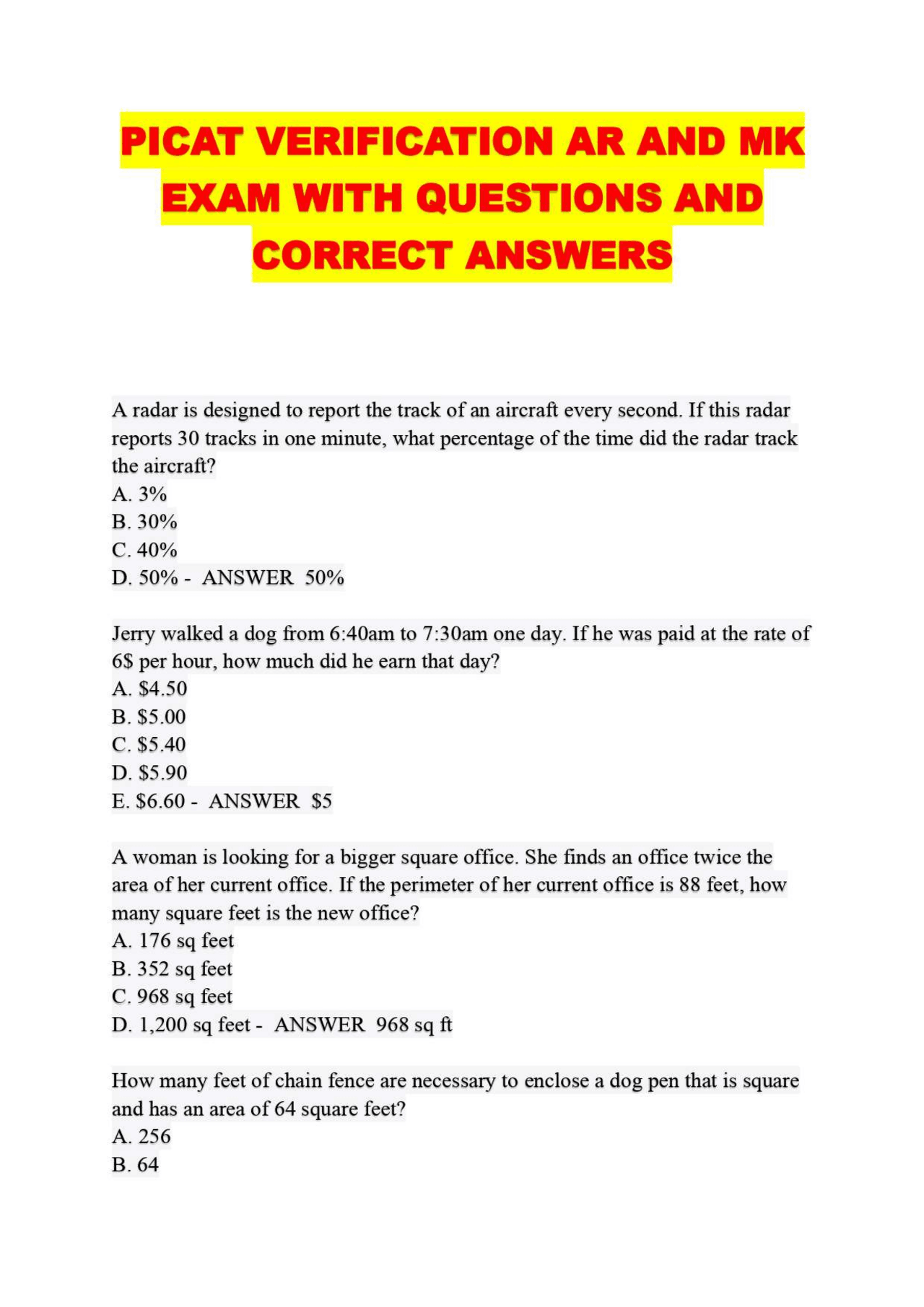 PICAT VERIFICATION AR AND MK EXAM WITH QUESTIONS AND CORRECT ANSWERS ...