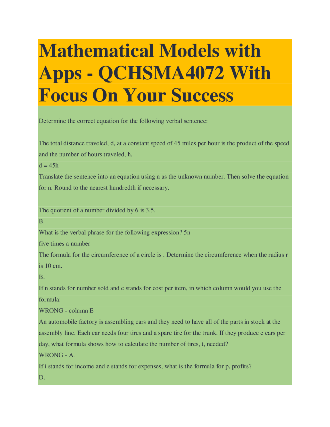 Mathematical Models With Apps Exercises And Applications For Qchsma4072 Exercises Mathematics