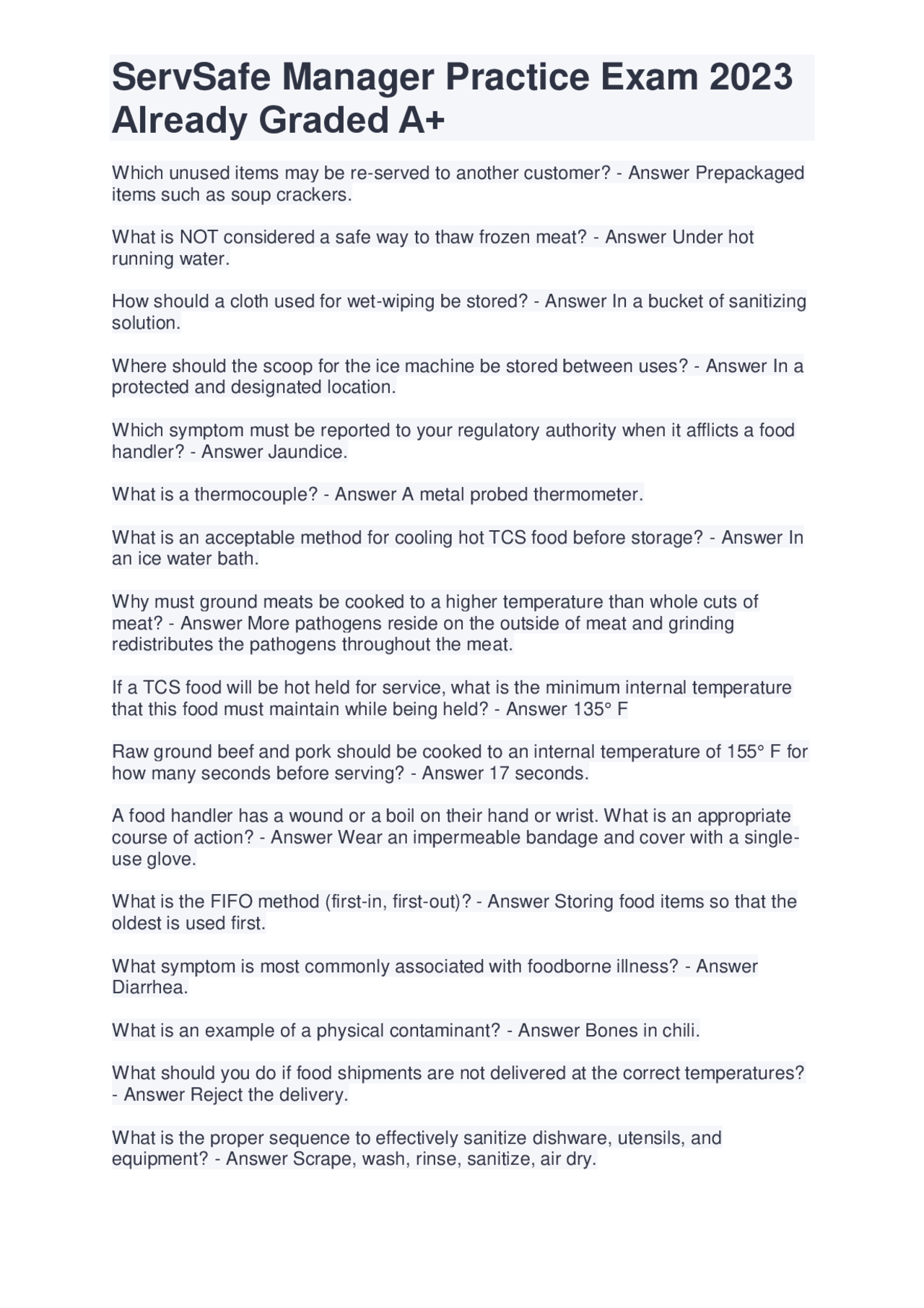 ServSafe Manager Practice Exam 2023: Food Safety and Handling | Exams ...