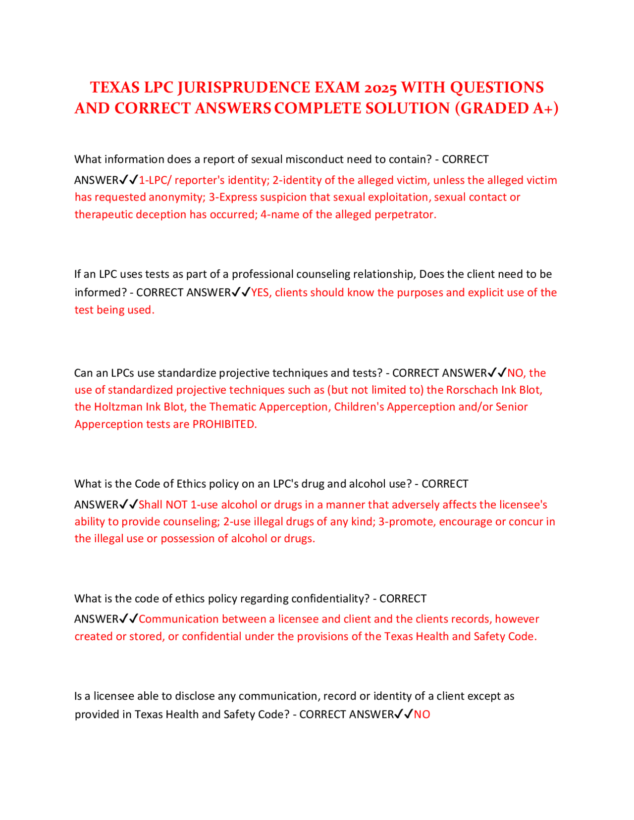 TEXAS LPC JURISPRUDENCE EXAM 2025 WITH QUESTIONS AND CORRECT ANSWERS ...