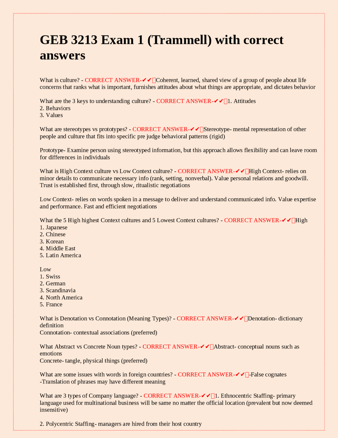 GEB 3213 Exam 1 (Trammell) with correct answers. | Exams Community Corrections | Docsity