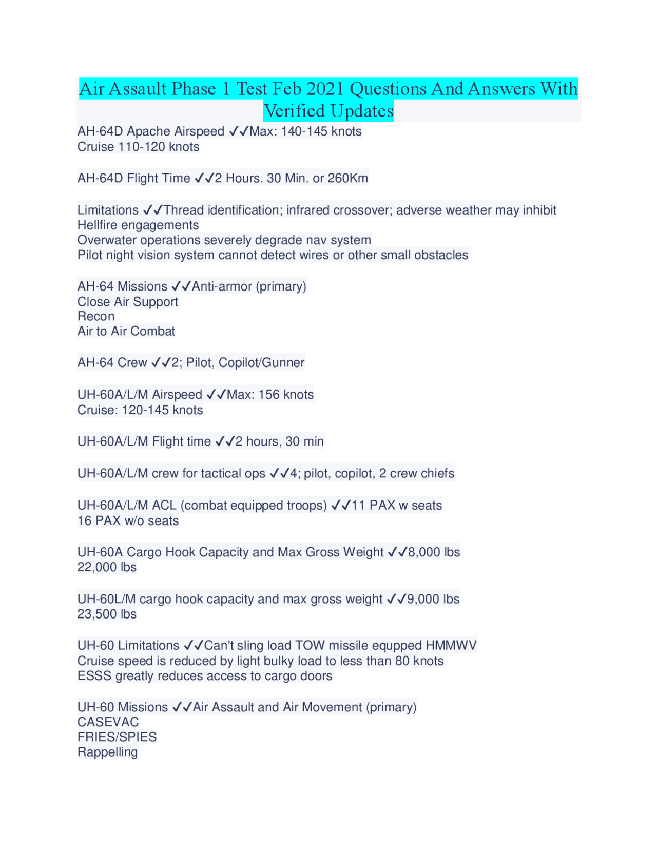 Air Assault Phase 1 Test: Questions & Answers | Exams Advanced ...