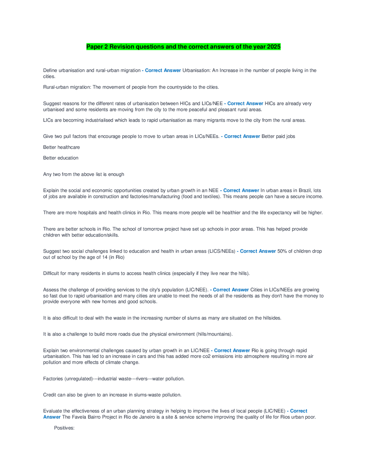 Urbanization and Urban Growth: Revision Questions and Answers for 2025 ...