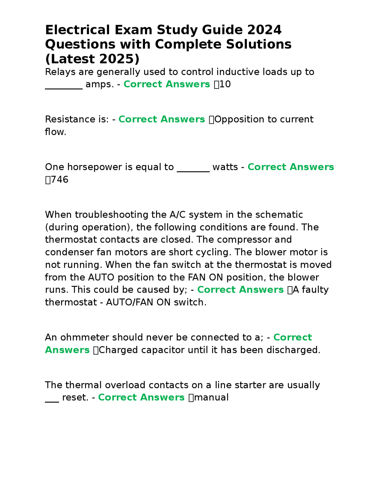 Electrical Exam Study Guide 2024: Questions with Complete Solutions ...