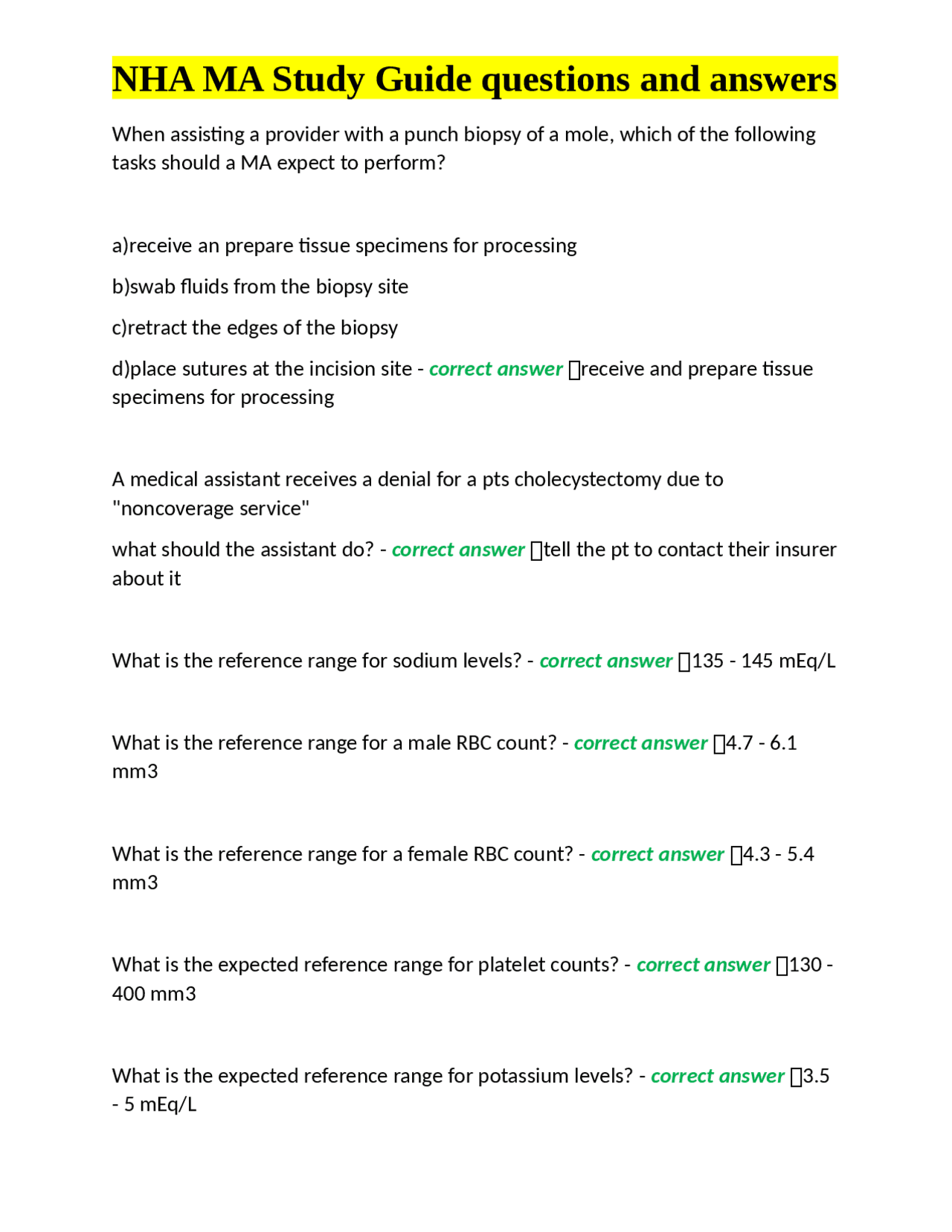 NHA MA Study Guide Questions and Answers | Exams Medicine | Docsity