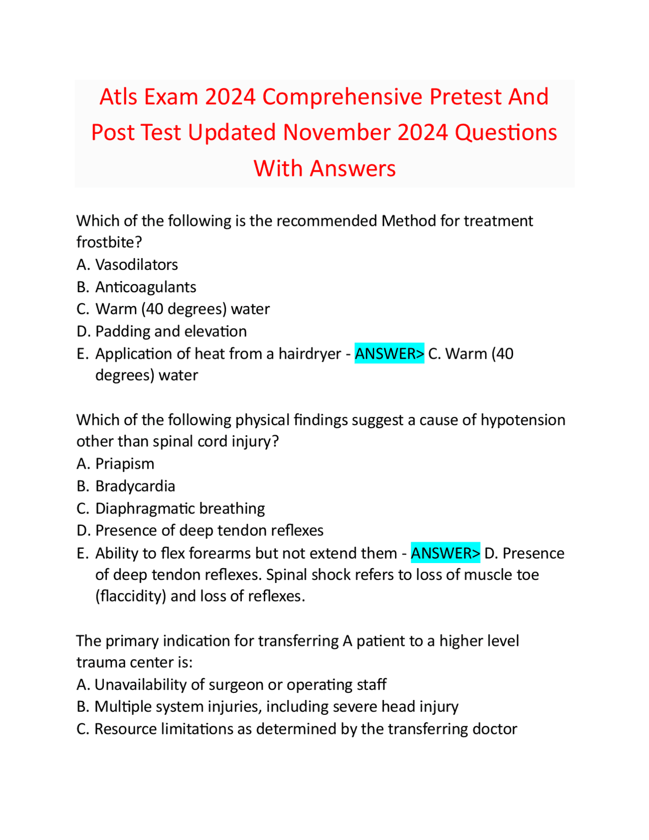 ATLS Exam 2024: Comprehensive Pretest & Post Test (Updated Nov 2024 ...