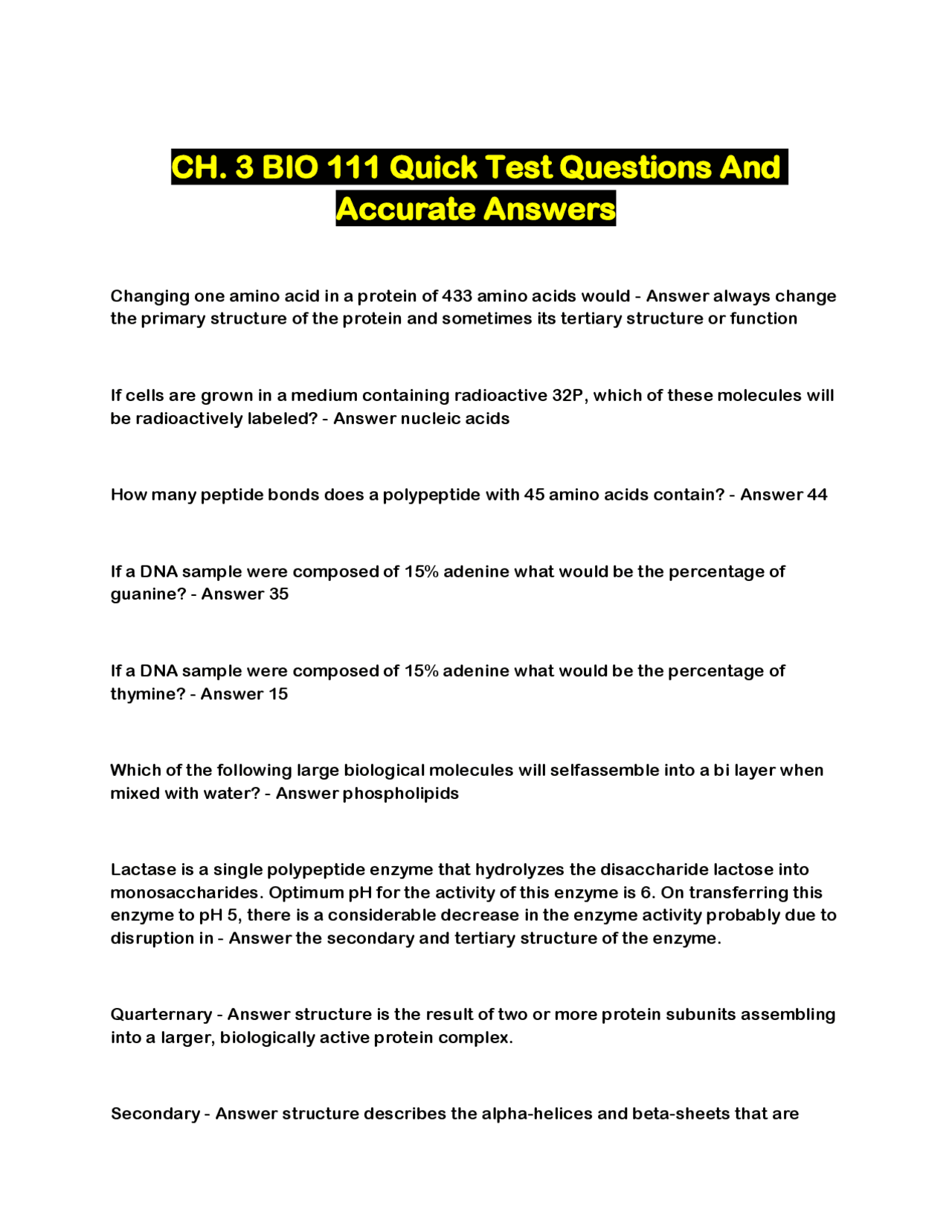 BIO 111 Quick Test Questions and Answers: Chapter 3 | Exams Biology ...