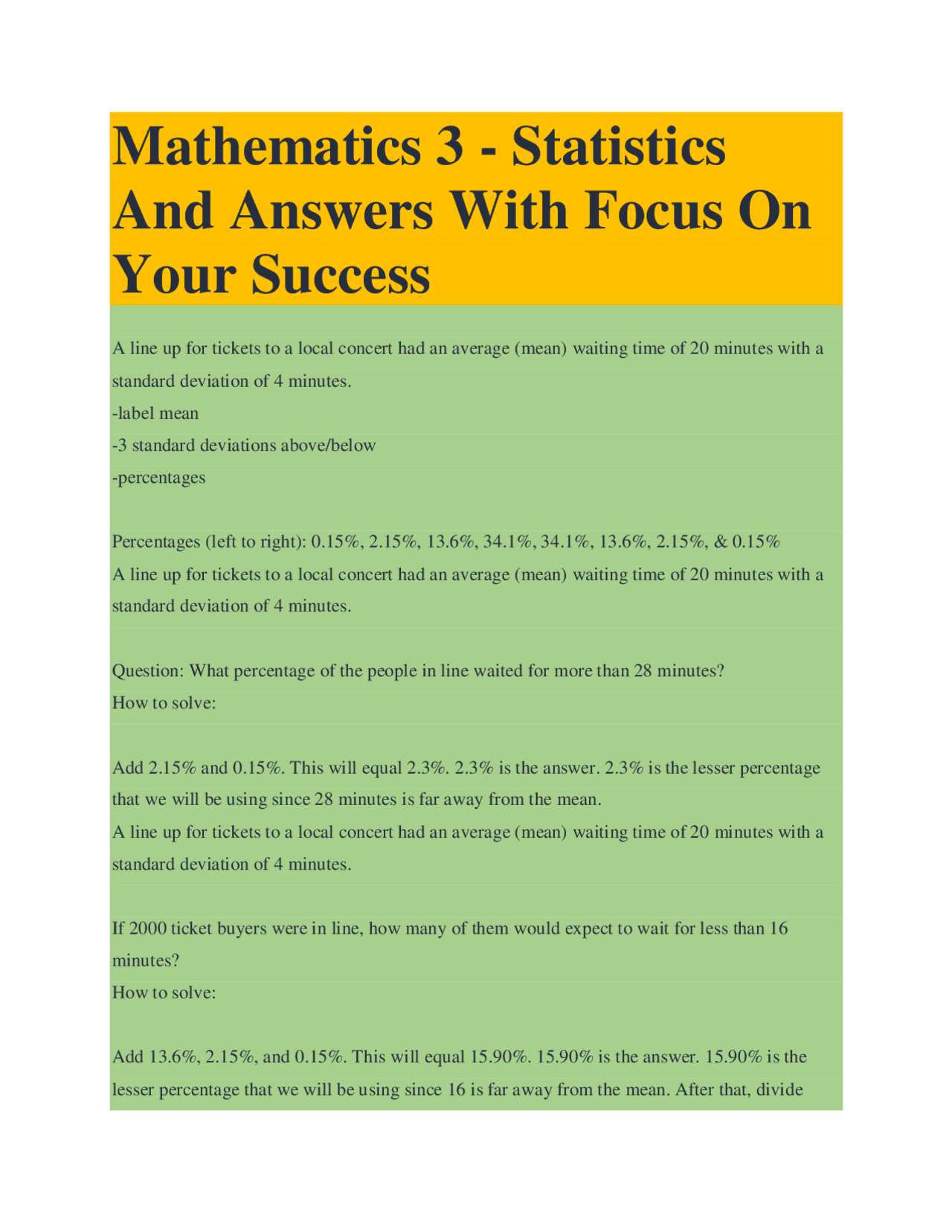 Mathematics 3 - Statistics And Answers With Focus On Your Success | Exams Mathematical ...