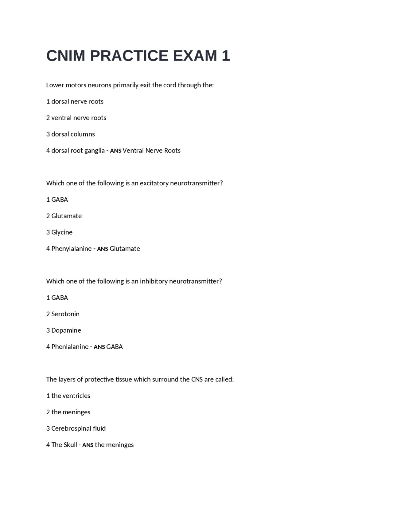 CNIM Practice Exam 1: Neuroanatomy and Neurophysiology | Exams ...