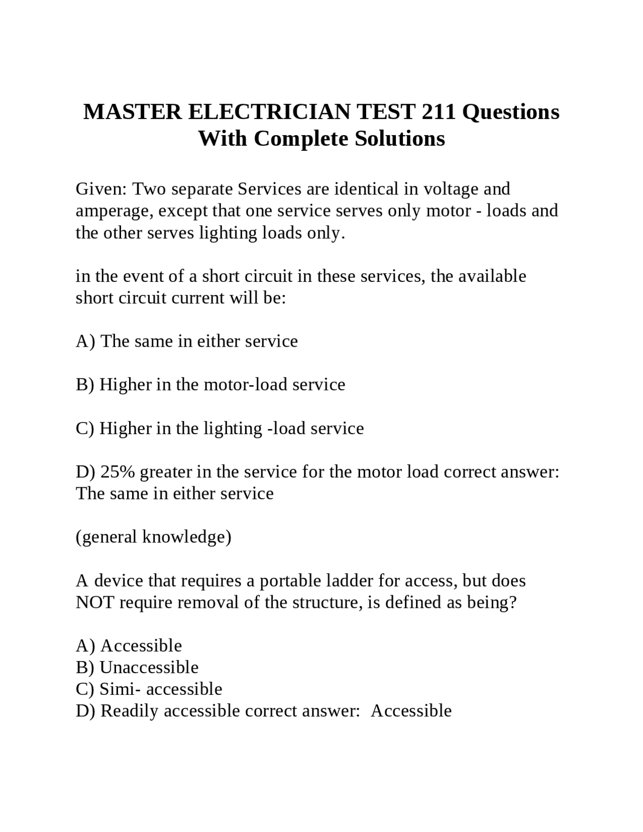 Master Electrician Test: 211 Questions with Complete Solutions | Exams ...