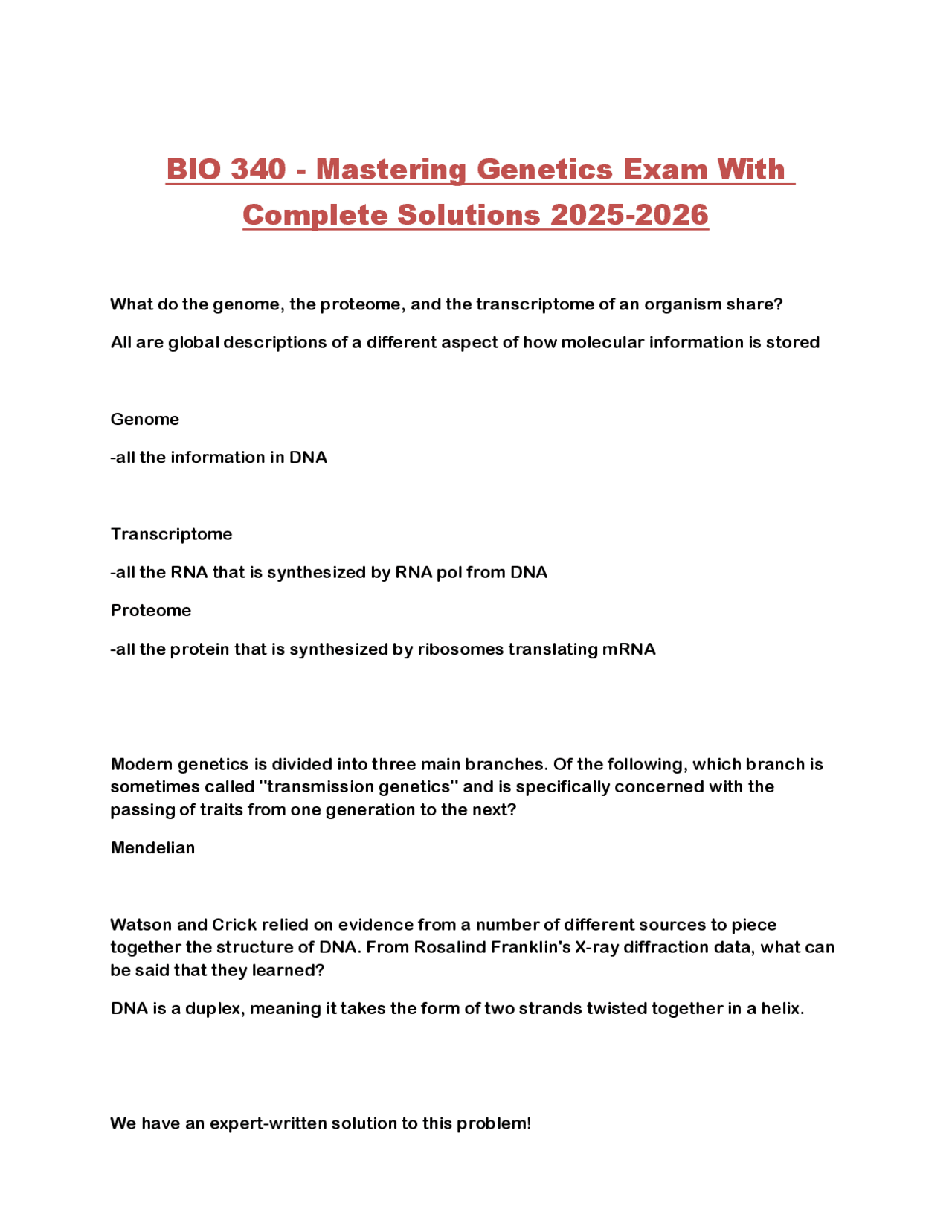 BIO 340 - Mastering Genetics Exam With Complete Solutions 2025-2026 ...