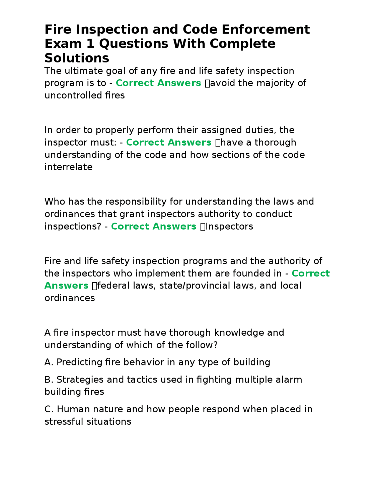 Fire Inspection and Code Enforcement Exam 1 Questions and Answers ...