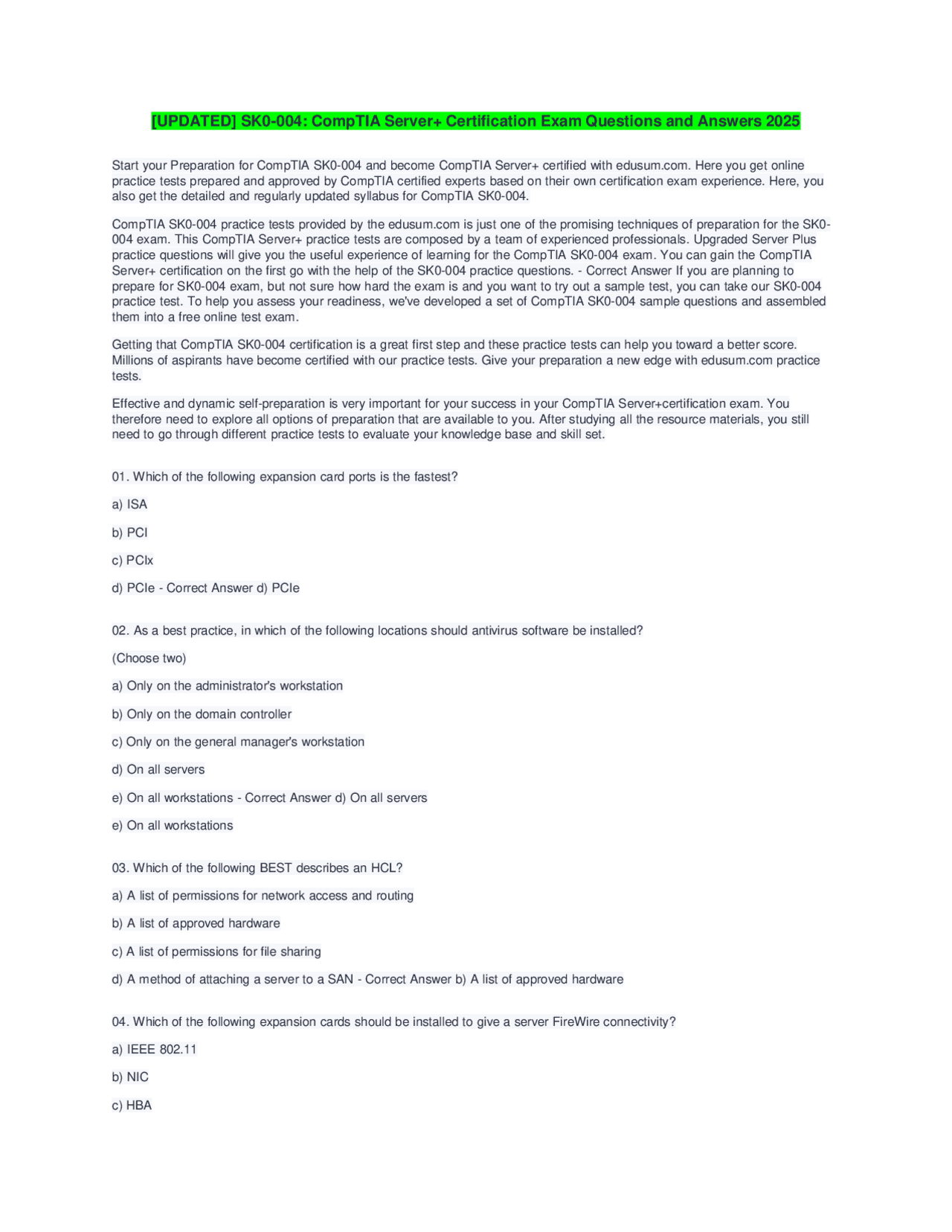 CompTIA Server+ Certification Exam Questions and Answers 2025 | Exams ...