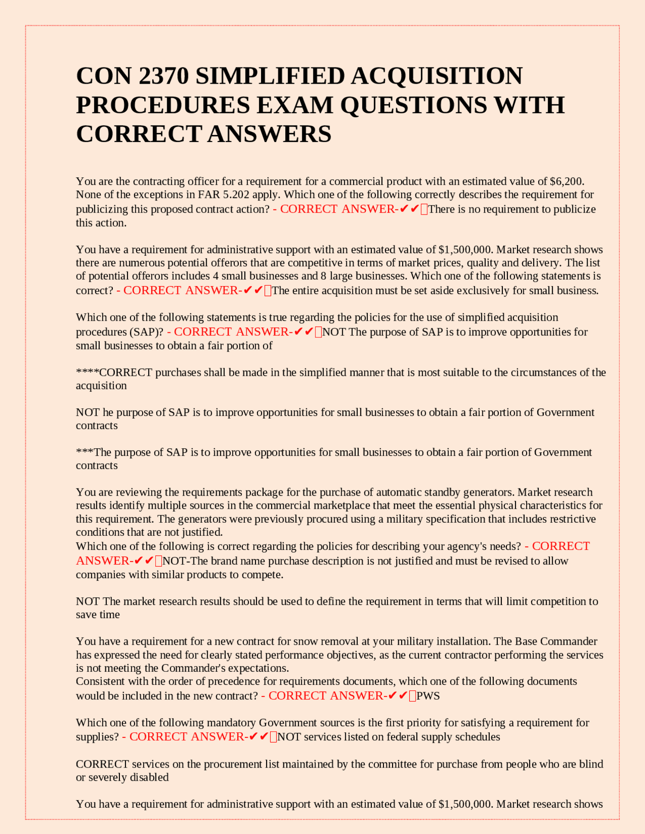 CON 2370 SIMPLIFIED ACQUISITION PROCEDURES EXAM QUESTIONS WITH CORRECT ...