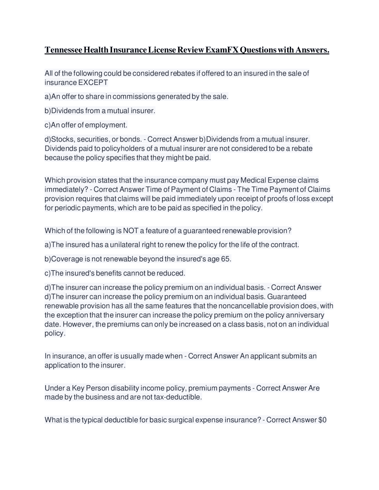 Tennessee Health Insurance License Review ExamFX Questions and Answers ...