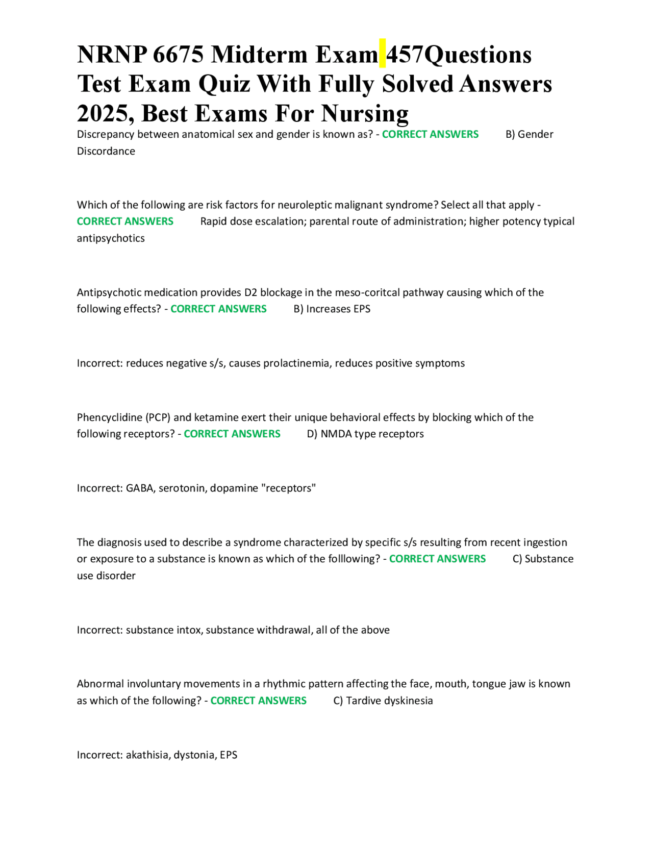 NRNP 6675 Midterm Exam 457Questions Test Exam Quiz With Fully Solved ...