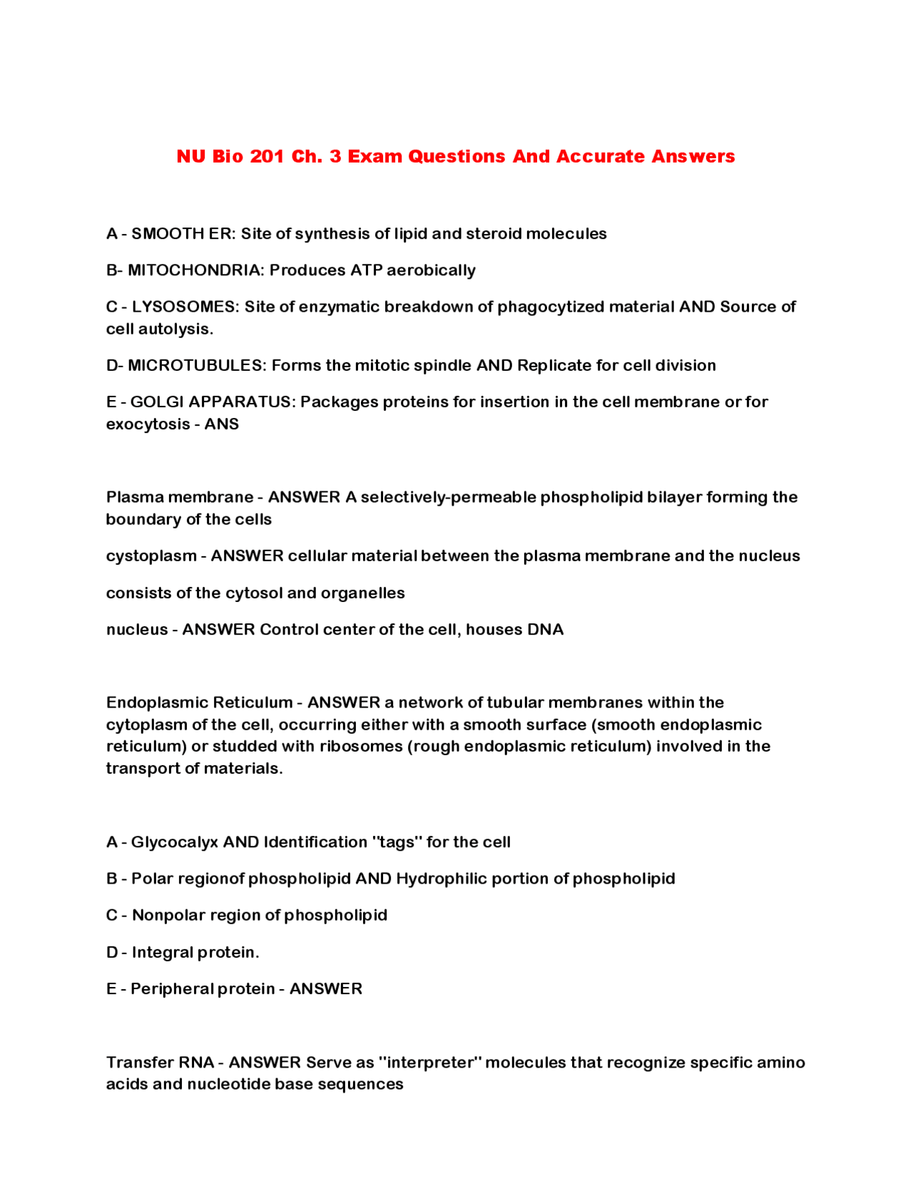 NU Bio 201 Ch. 3 Exam Questions and Answers: Cell Structure and ...