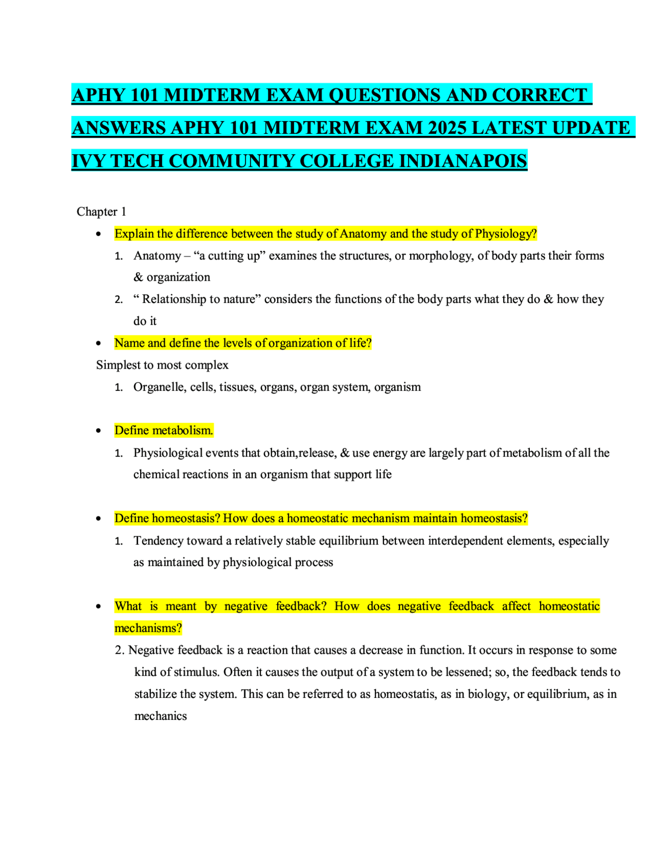APHY 101 MIDTERM EXAM QUESTIONS AND CORRECT ANSWERS APHY 101 MIDTERM ...
