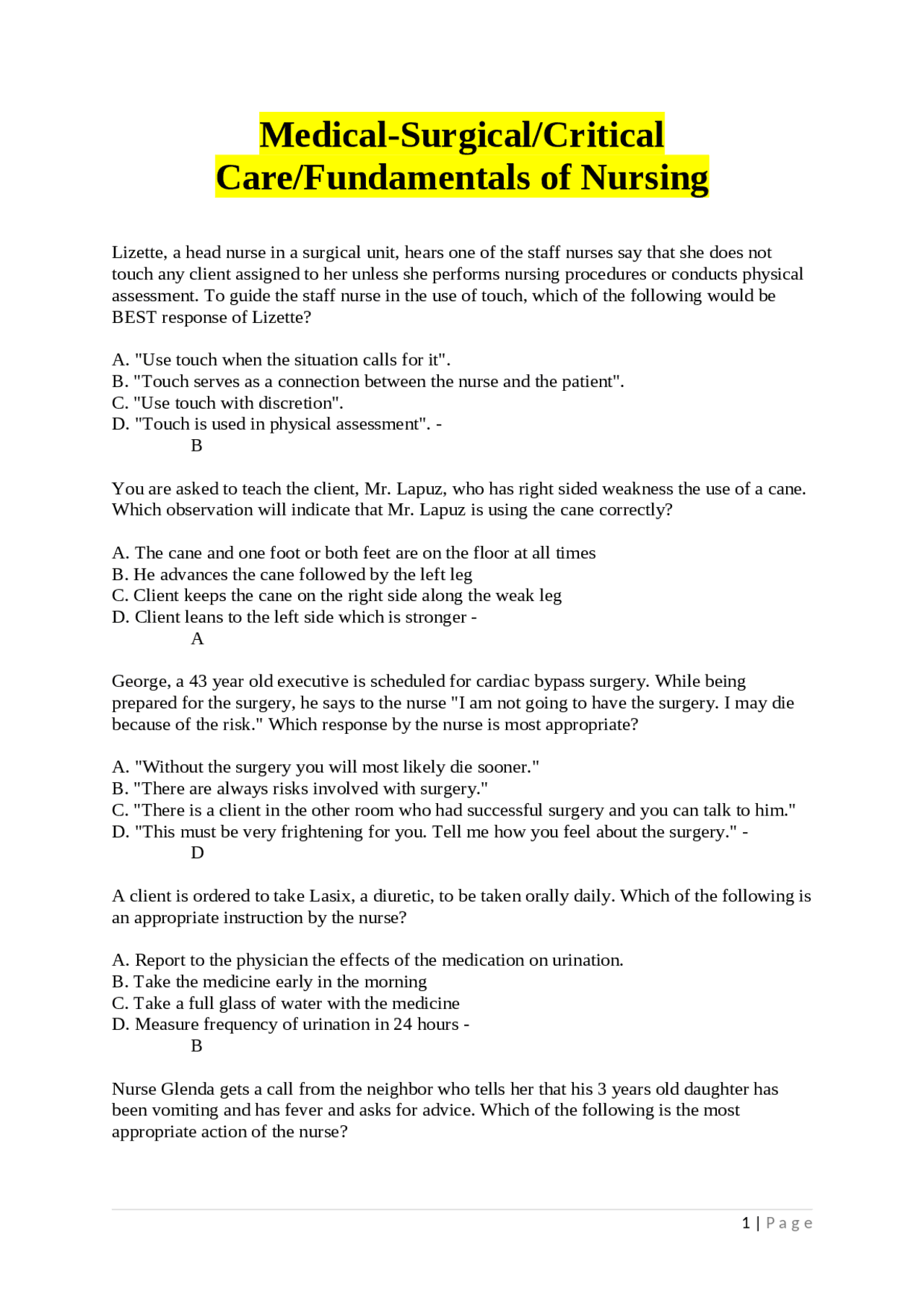 Medical-Surgical & Critical Care Nursing: Multiple Choice Questions ...