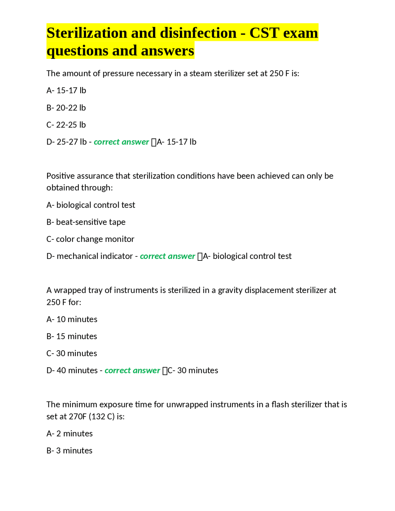 Sterilization and Disinfection: CST Exam Questions and Answers | Exams ...