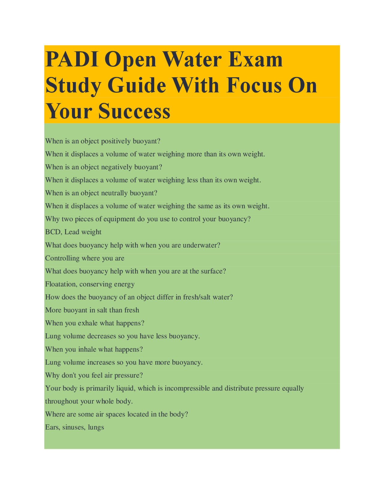 PADI Open Water Exam Study Guide: Buoyancy, Pressure, and Dive Safety ...