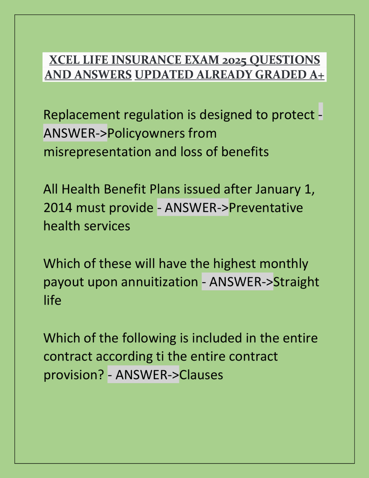 XCEL LIFE INSURANCE EXAM 2025 QUESTIONS AND ANSWERS UPDATED ALREADY ...