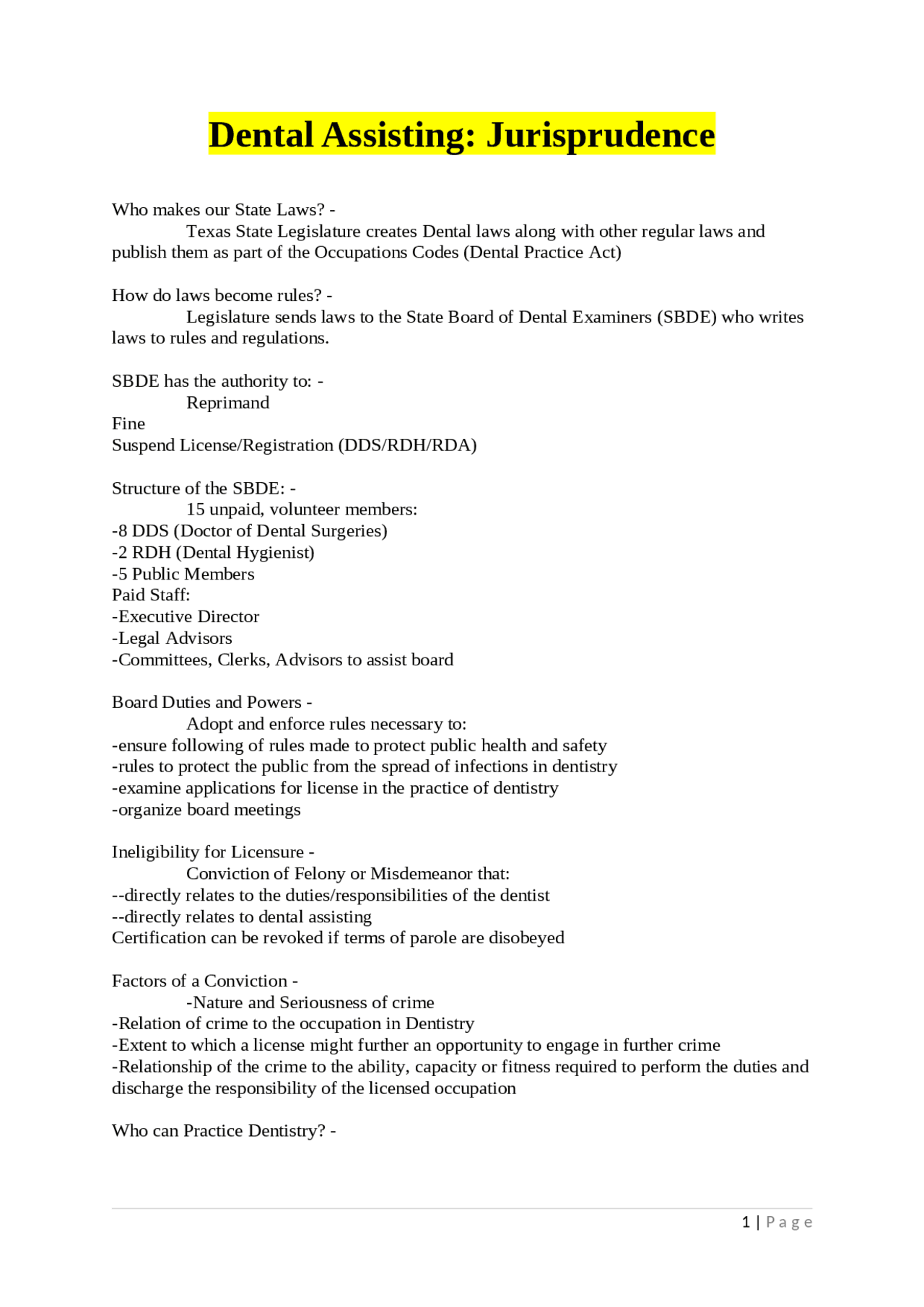 Dental Assisting Jurisprudence | Exams Dentistry | Docsity