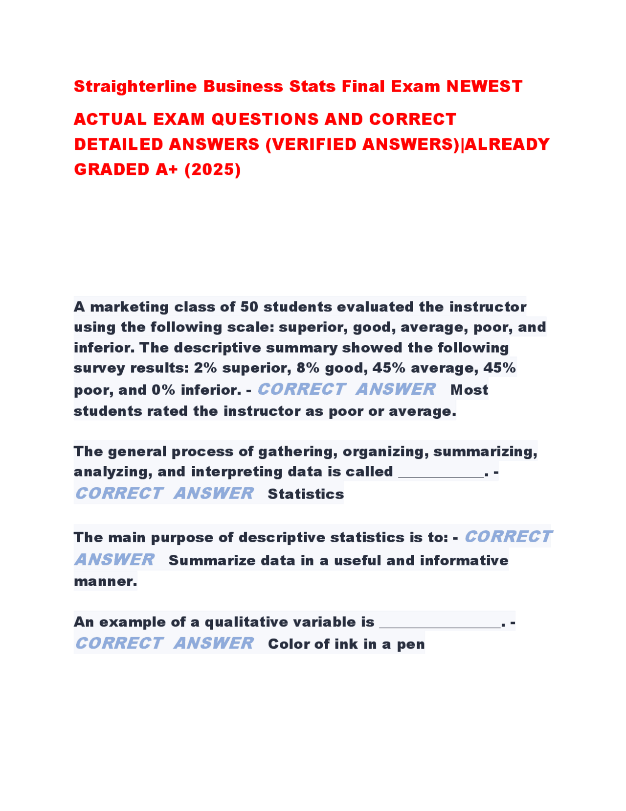 Business Statistics Final Exam: Practice Questions and Answers | Exams ...