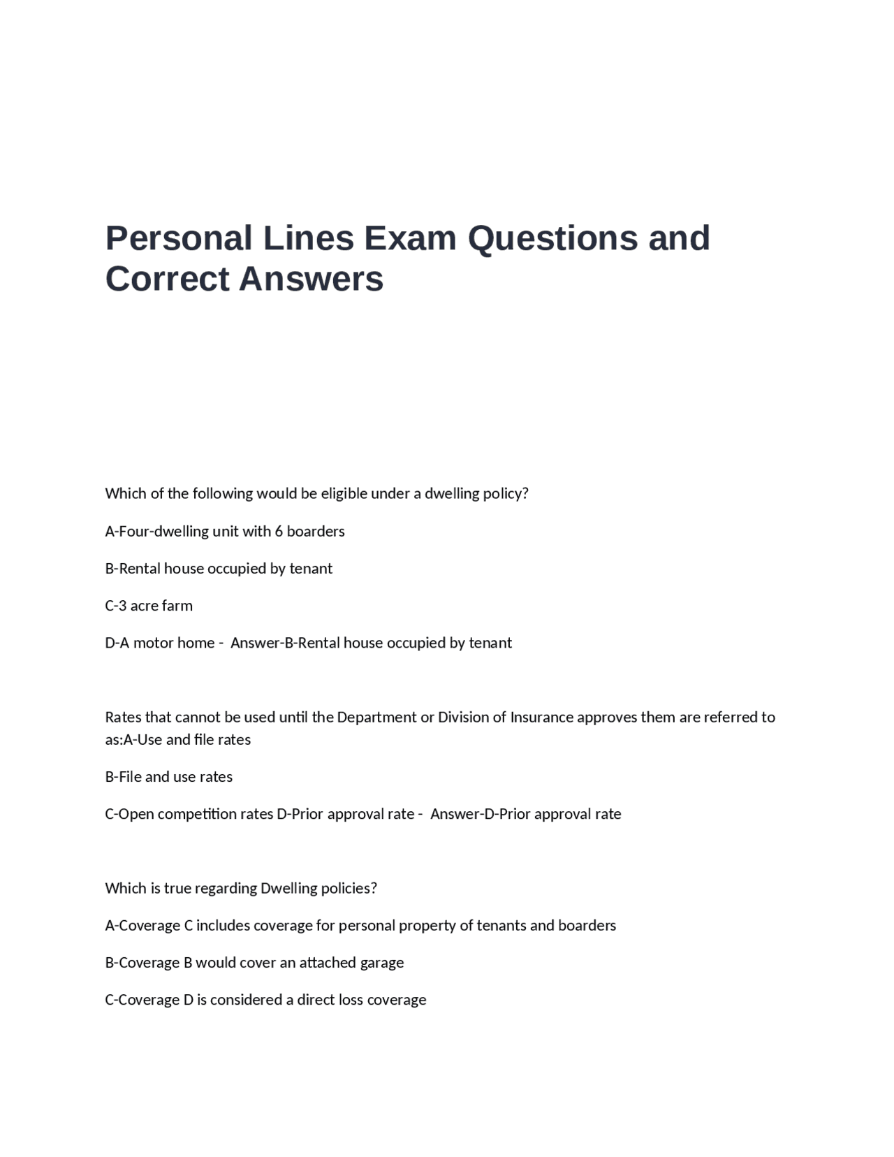 Personal Lines Exam Questions and Correct Answers | Exams Nursing | Docsity