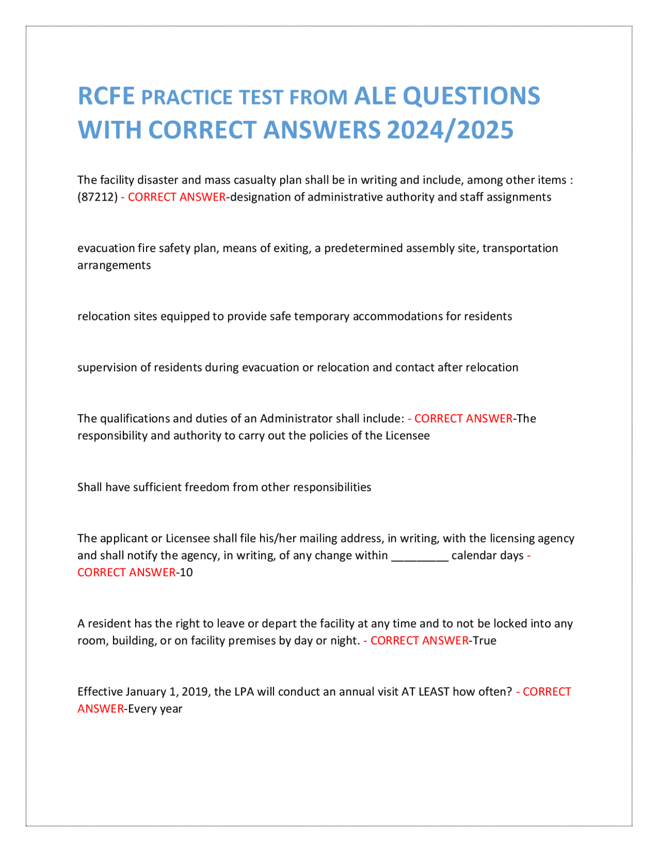 RCFE PRACTICE TEST FROM ALE QUESTIONS WITH CORRECT ANSWERS 2024/2025 ...