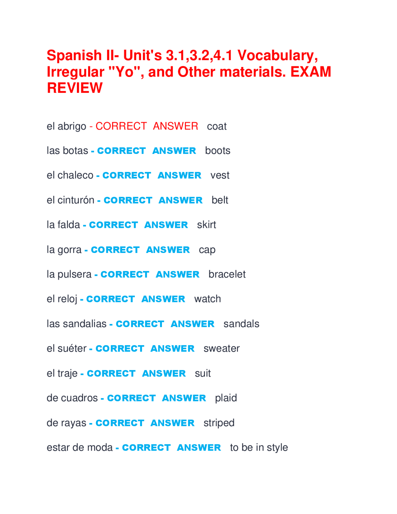 Spanish II: Unit 3 & 4 Vocabulary, Irregular 'Yo', Exam Review | Exams ...