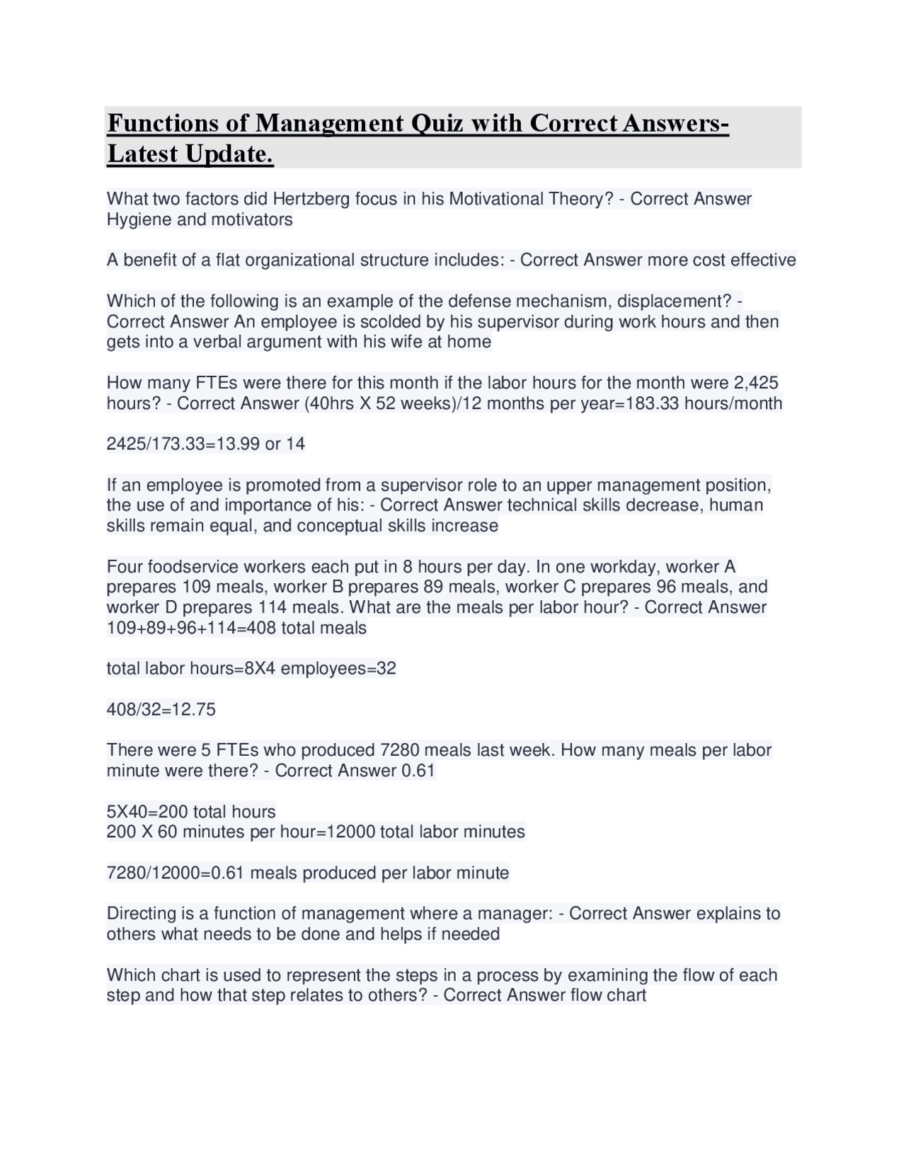 Functions of Management Quiz with Correct Answers | Exams Management of ...
