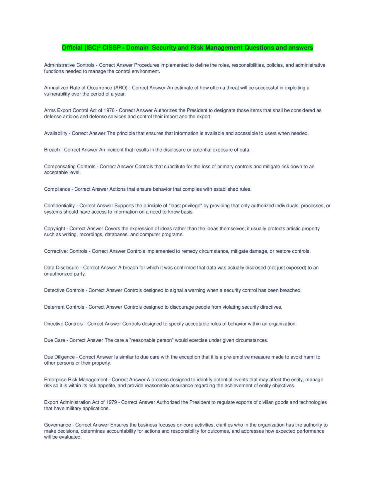 Official Isc ² Cissp Domain Security And Risk Management Questions And Answers Exams